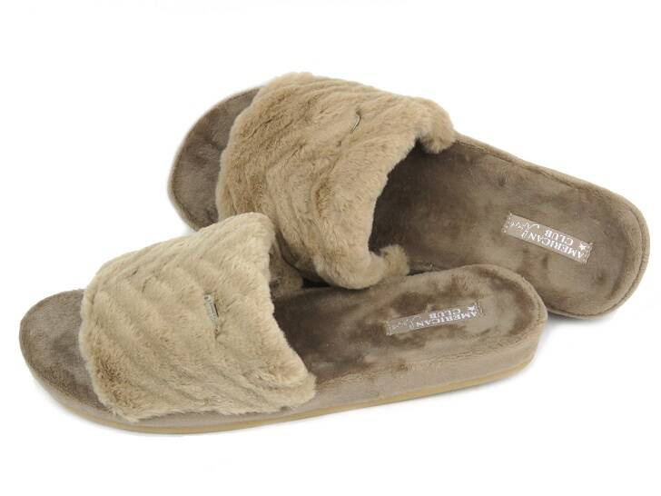 Ciepłe kapcie damskie, młodzieżowe- American Club SL09/23, beżowe beżowy | Sklep ulubioneobuwie.pl